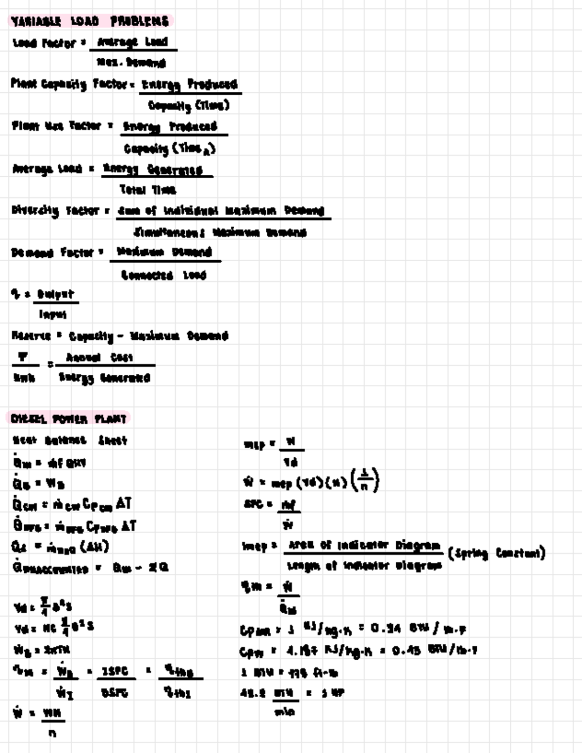 PPE 20: Formulas and Key Notes for Diesel & Steam Power Plants - Studocu