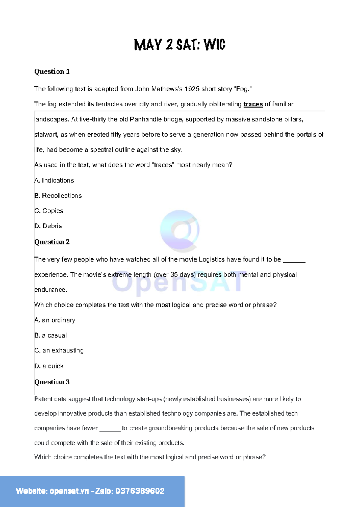 SAT May 2 WIC Practice Questions and Answers - Studocu