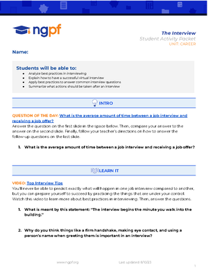 Starting a New Job Student Activity Packet (Career Unit) - Studocu