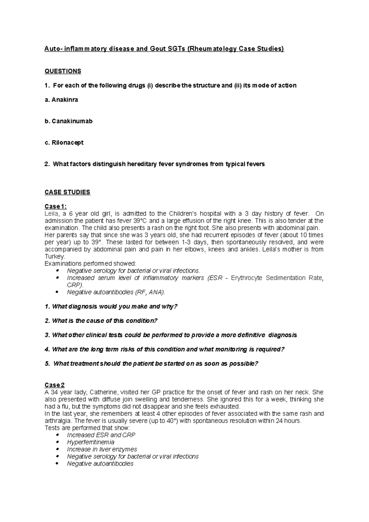Rheumatology Case Studies: Inflammatory Disease & Gout SGTs - Studocu
