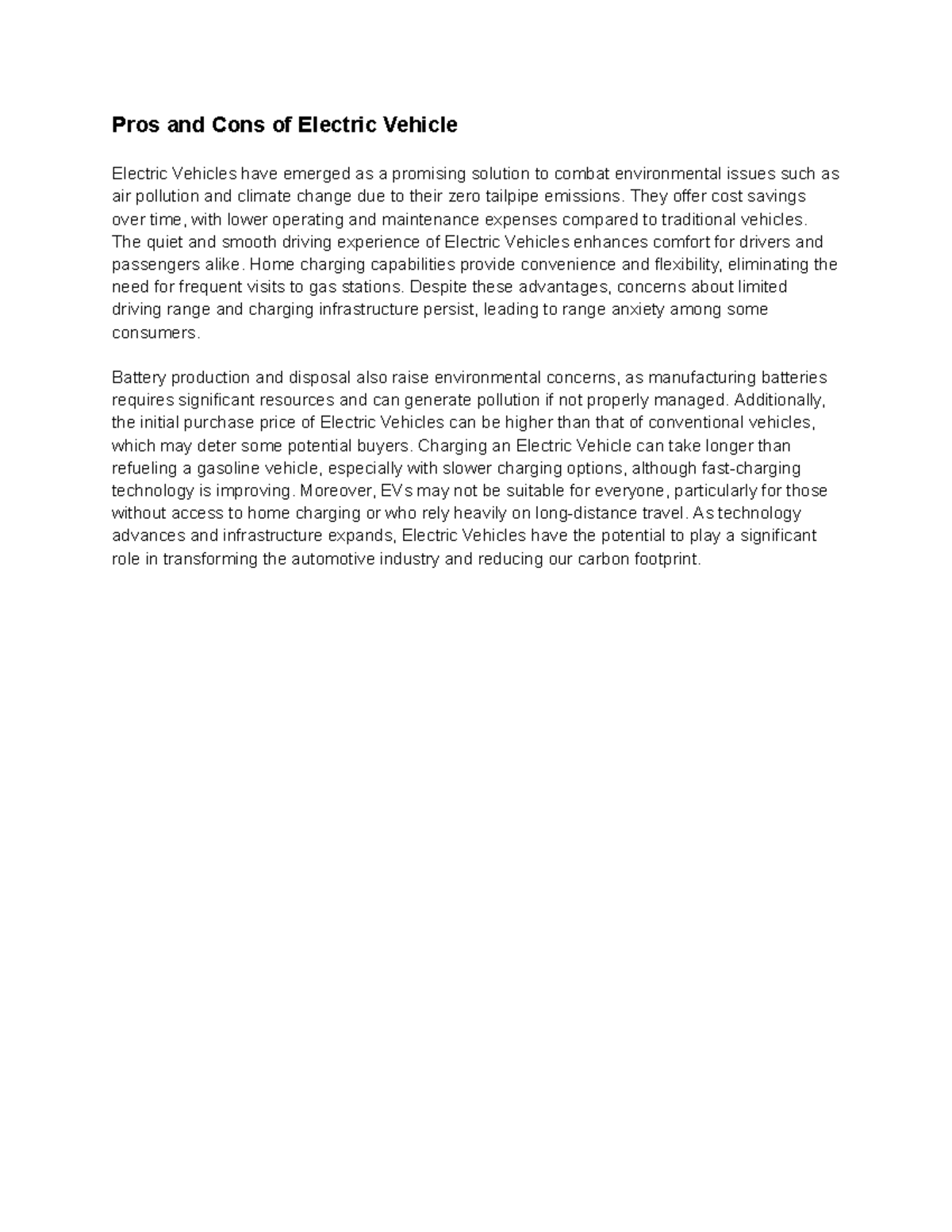 Pros and Cons of Electric Vehicles: A Comprehensive Overview - Studocu