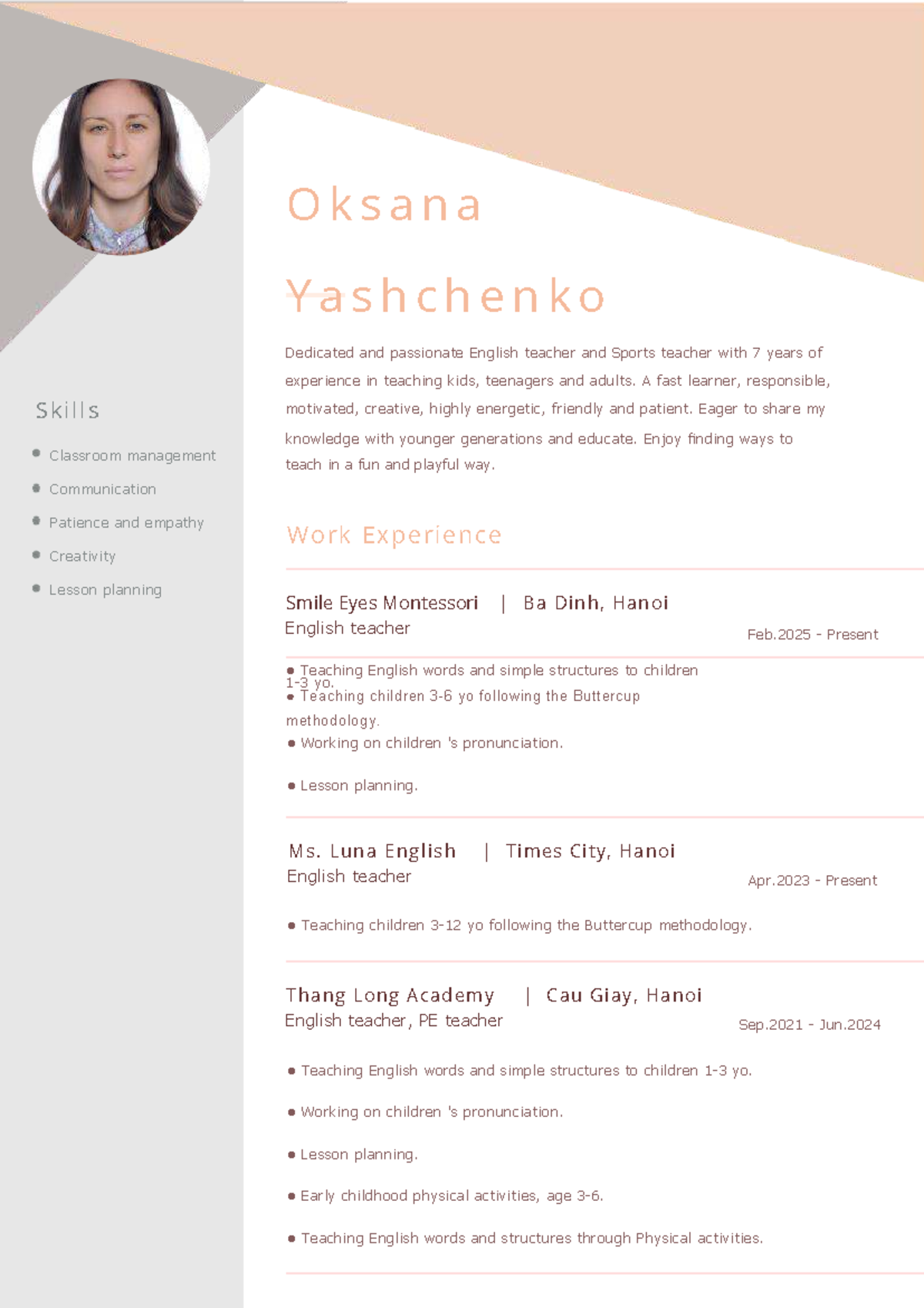 Resume of Oksana Yashchenko: English & Sports Teacher - Studocu