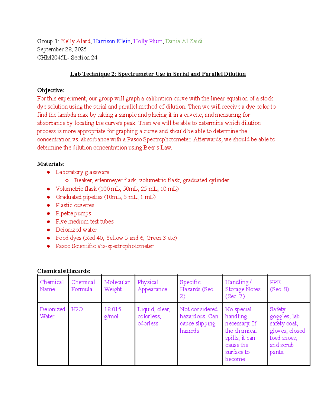 Lab Technique 2: Spectrometer Use in Serial & Parallel Dilution (CHEM ...