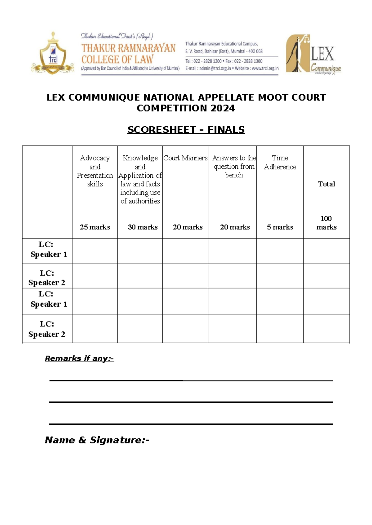 Scoresheet Preliminary - LEX COMMUNIQUE NATIONAL APPELLATE MOOT COURT ...