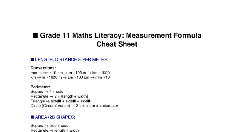 Grade 11 Maths Literacy: Measurement Formula Cheat Sheet - Studocu