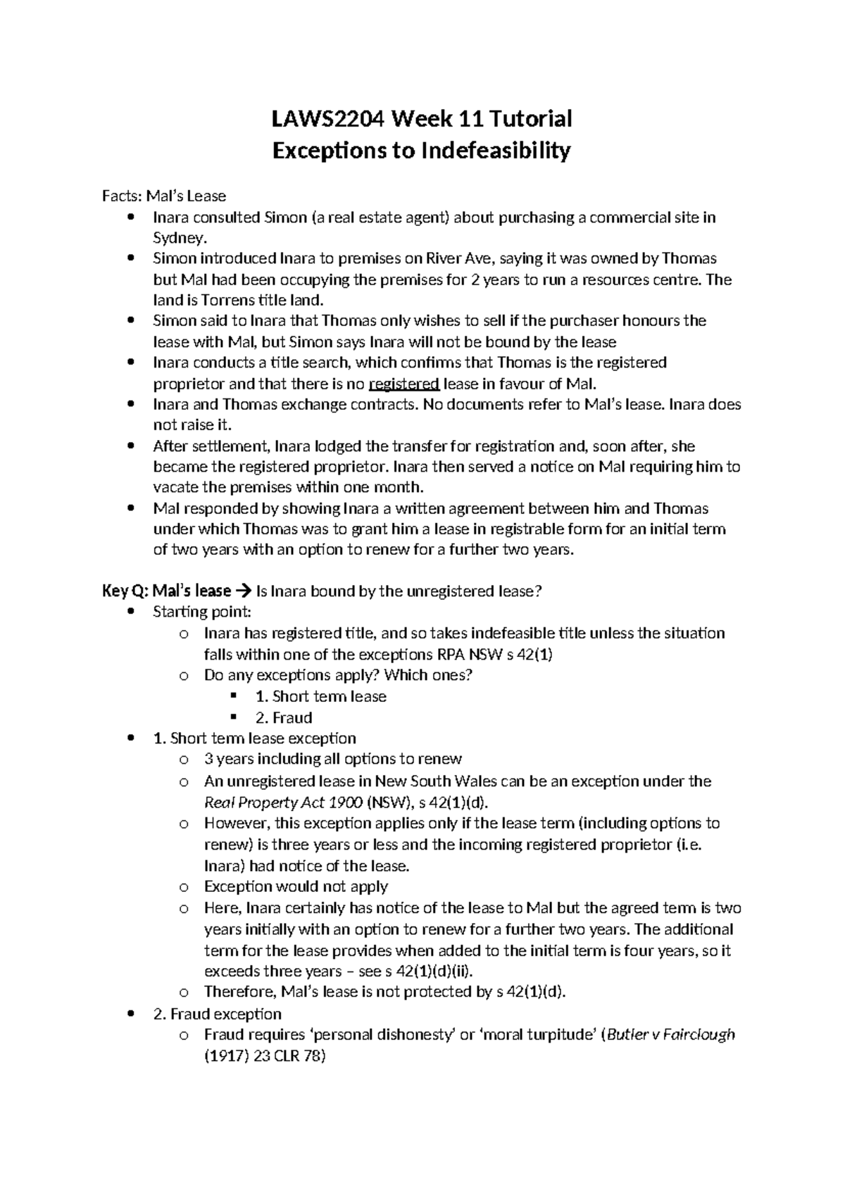 LAWS2204 Week 11 Tutorial - LAWS2204 Week 11 Tutorial Exceptions to ...