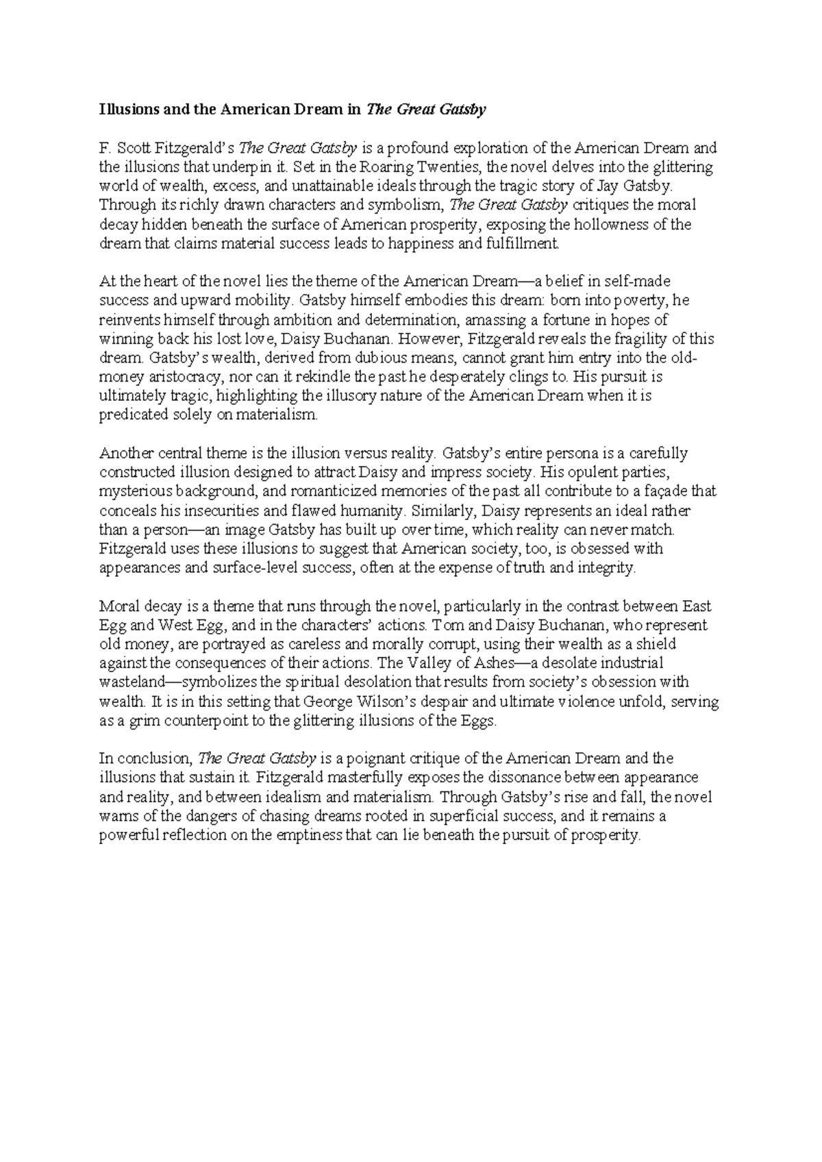 Illusions and the American Dream in The Great Gatsby: A Critical ...