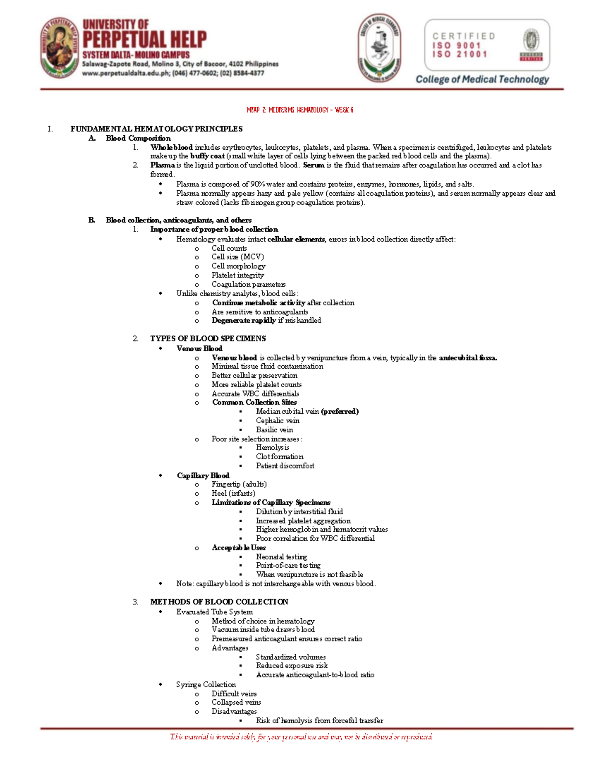 MTAP 2: Midterm Hematology Week 6 - Blood Composition & Collection ...