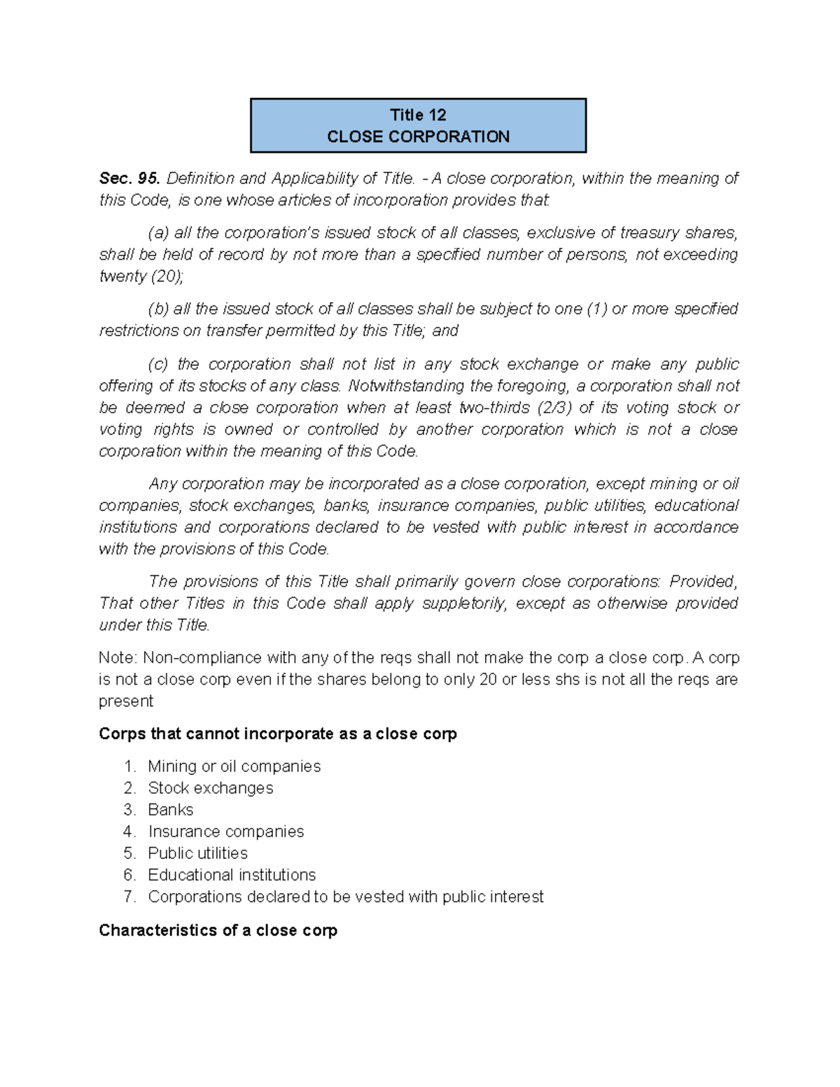 Close Corporation: Definition, Articles, and Stockholder Rights - Studocu