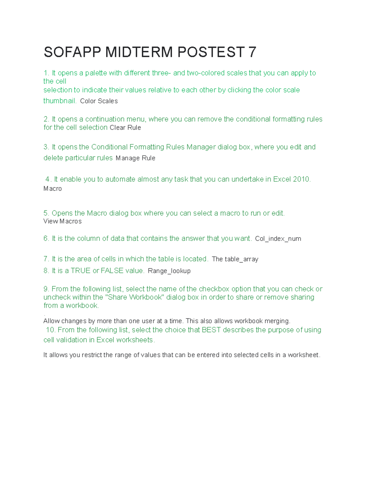 Sofapp Midterm Postest 7: Key Concepts and Excel Functions - Studocu