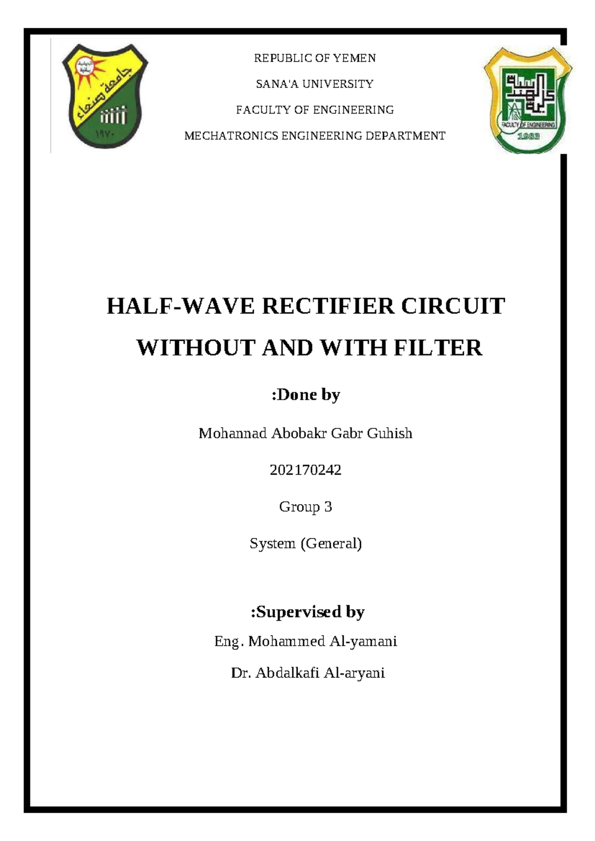 Rectifier Circuit Analysis with and without Filter - MECH 902066425 Lab ...