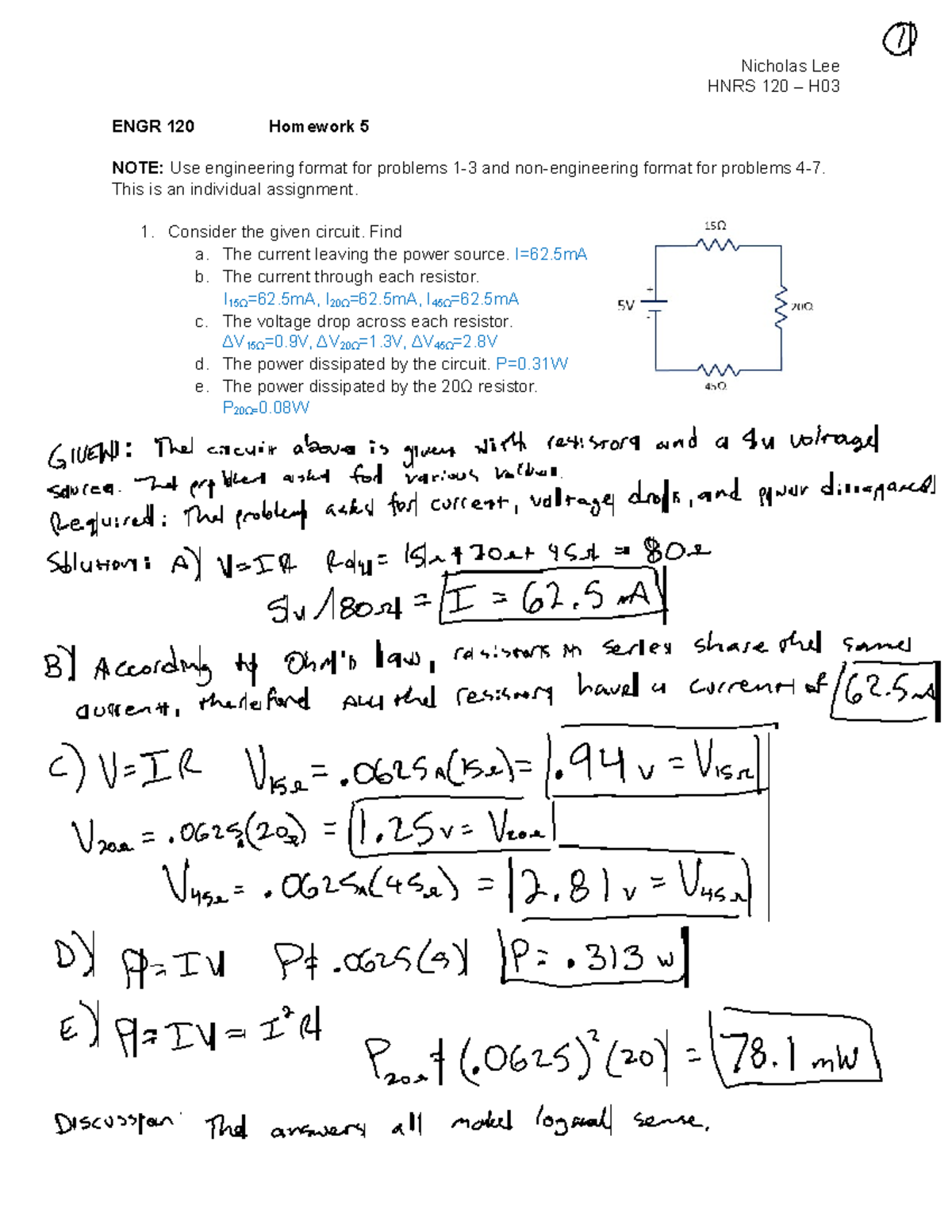 Homework 5 - Nicholas Lee HNRS 120 H03 ENGR 120 Homework 5 NOTE: Use ...