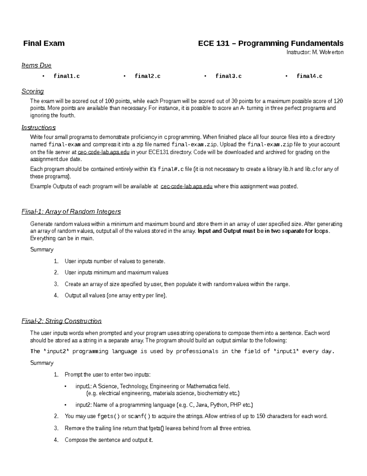 Final Exam Practice Paper for ECE 131 Programming Fundamentals - Studocu