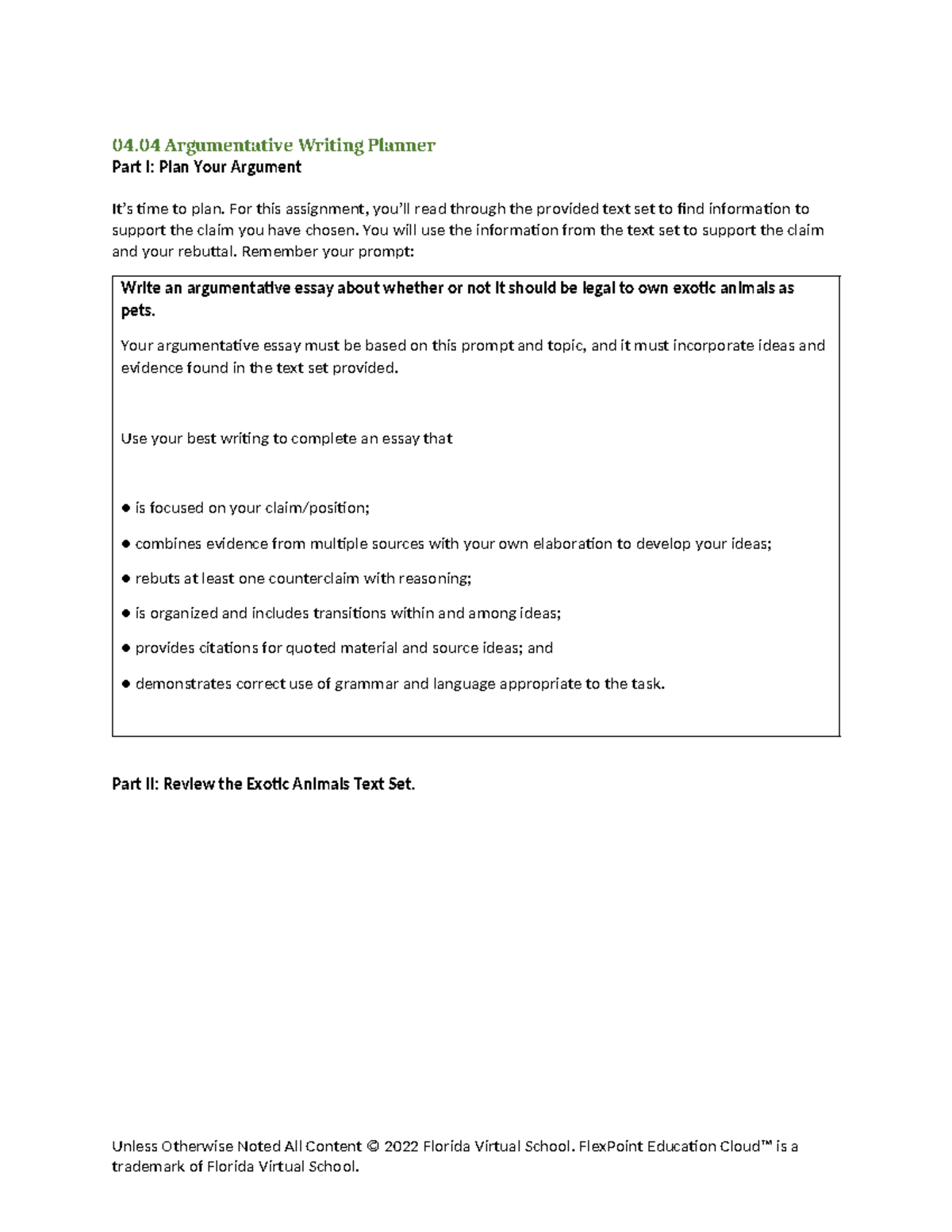 4.04 Argumentative Writing Planner: Legalization of Exotic Animal ...
