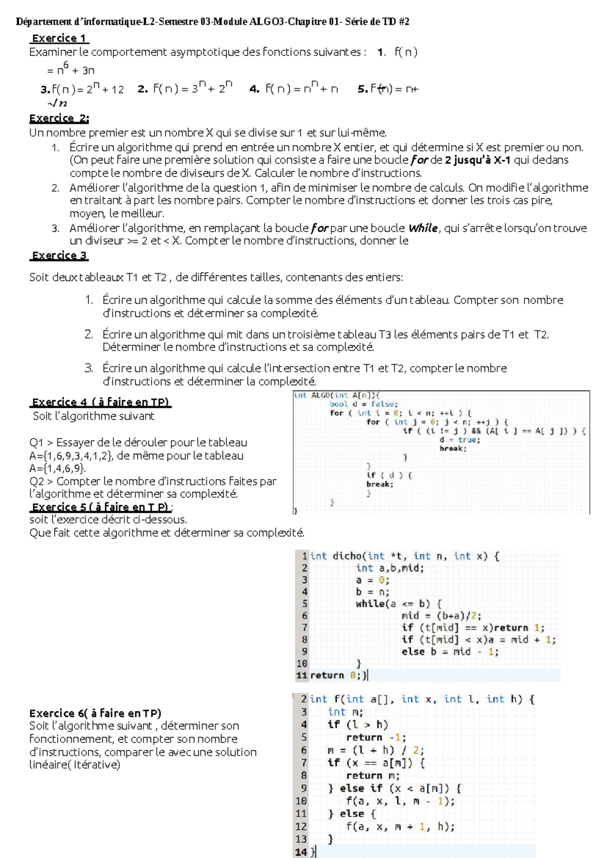TD 02: Analyse de la Complexité des Algorithmes et Exercices - Studocu