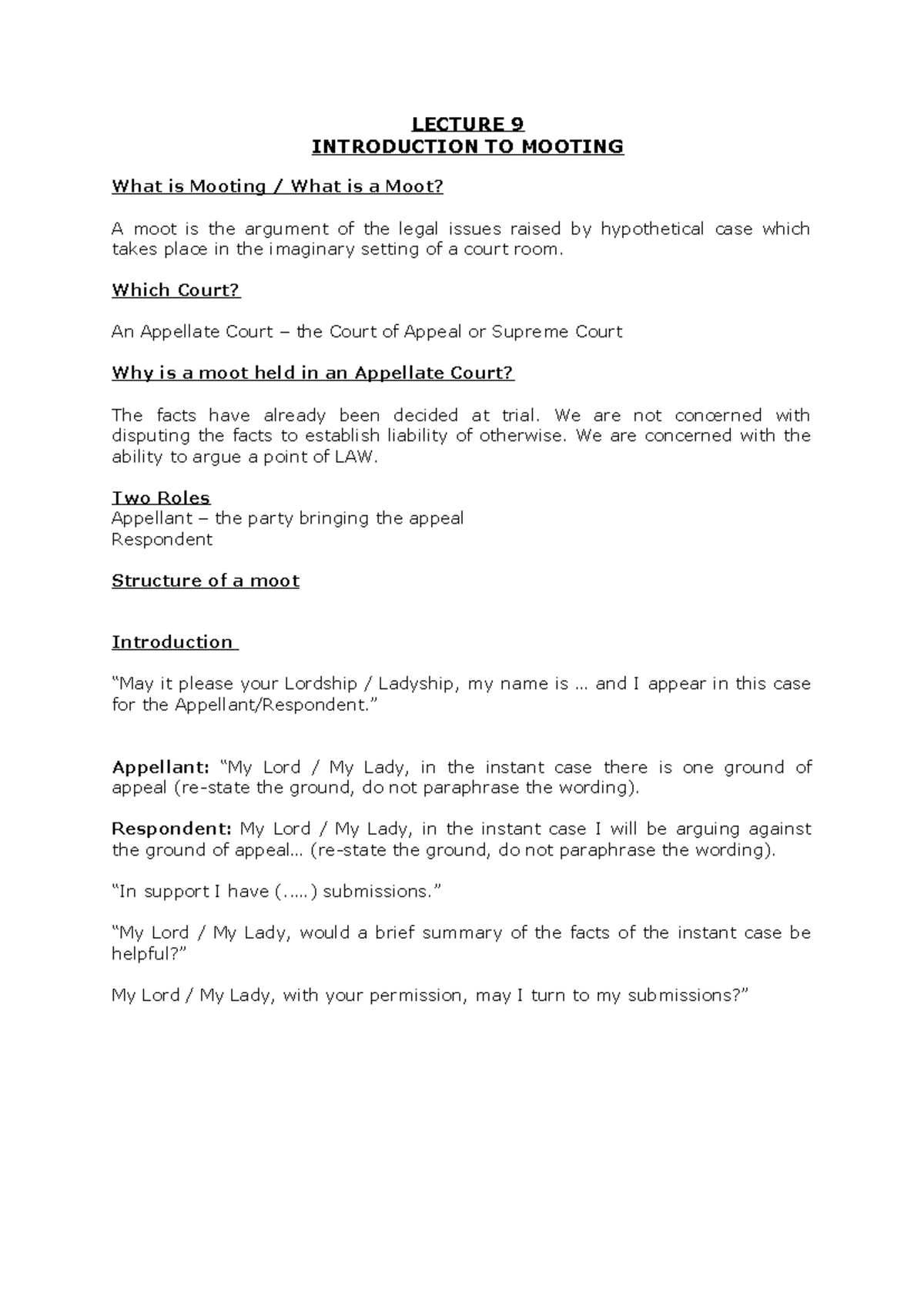 Lecture 9 - Intro to Mooting: Key Elements & Structure Explained - Studocu