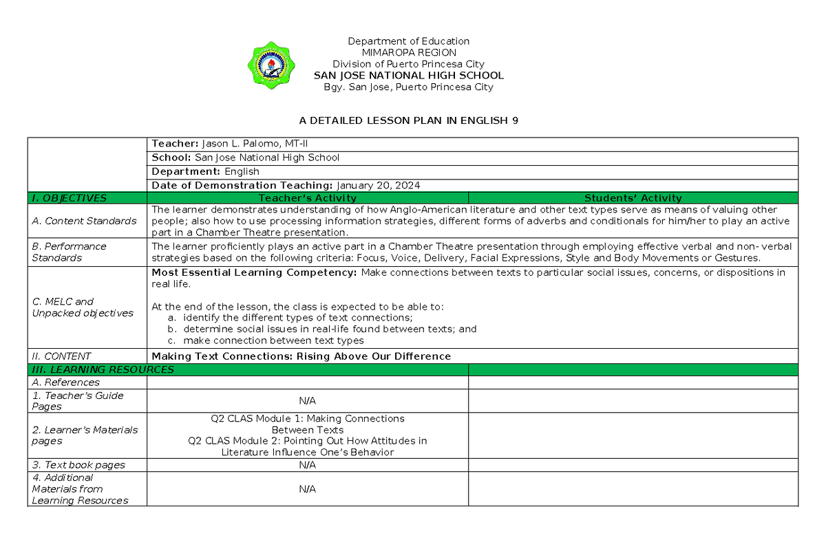 Detailed Lesson Plan in English 9 (2ND DEMO 23-24) - Studocu