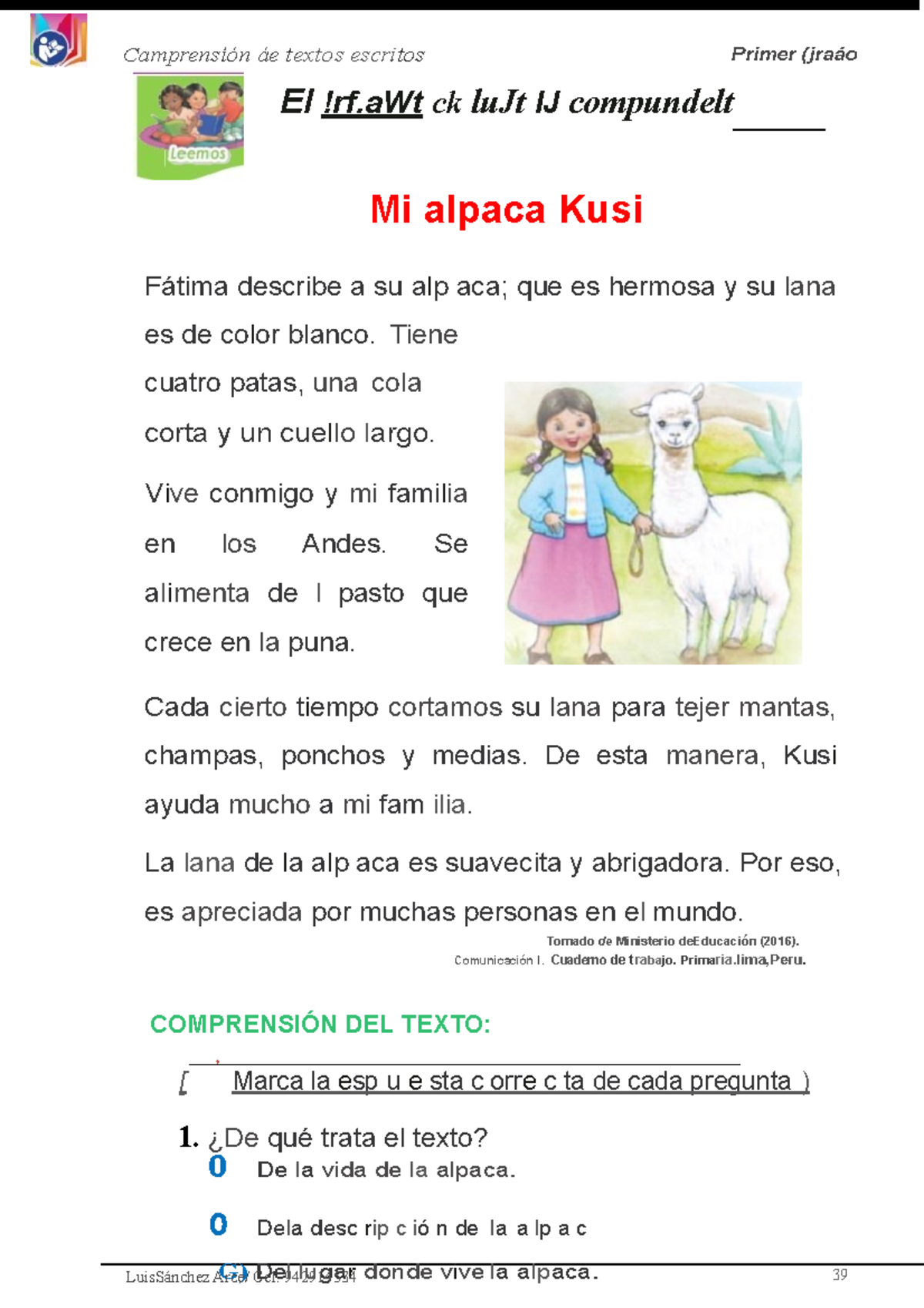 Lectura Comprensiva: La Alpaca Kussi - Primer Grado - Studocu