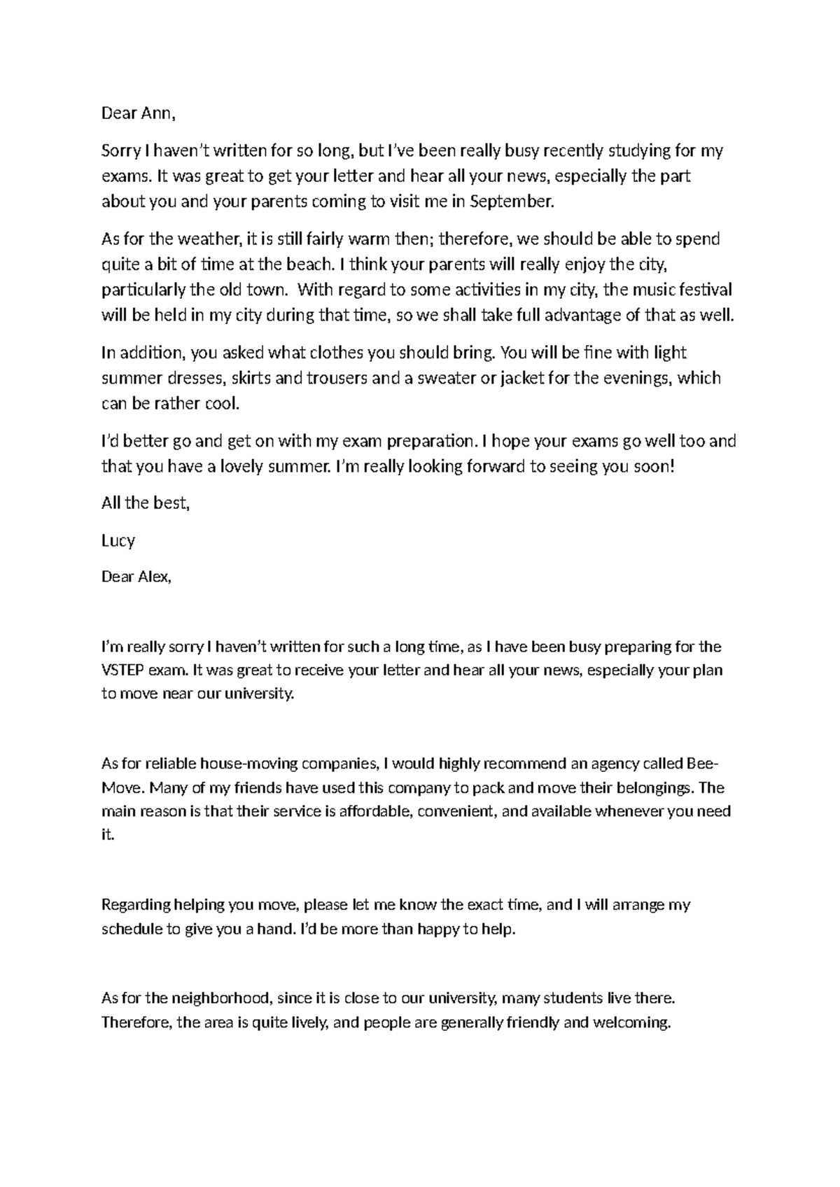 Dear Ann - Letter on Exam Preparation and Upcoming Visit - Studocu