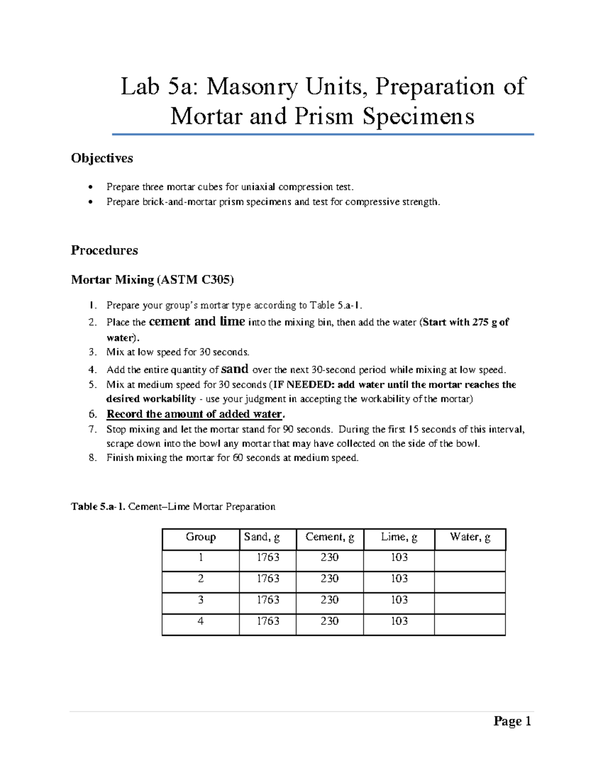 Laboratory 5a: Masonry Unit Preparation and Mortar Testing Procedures ...
