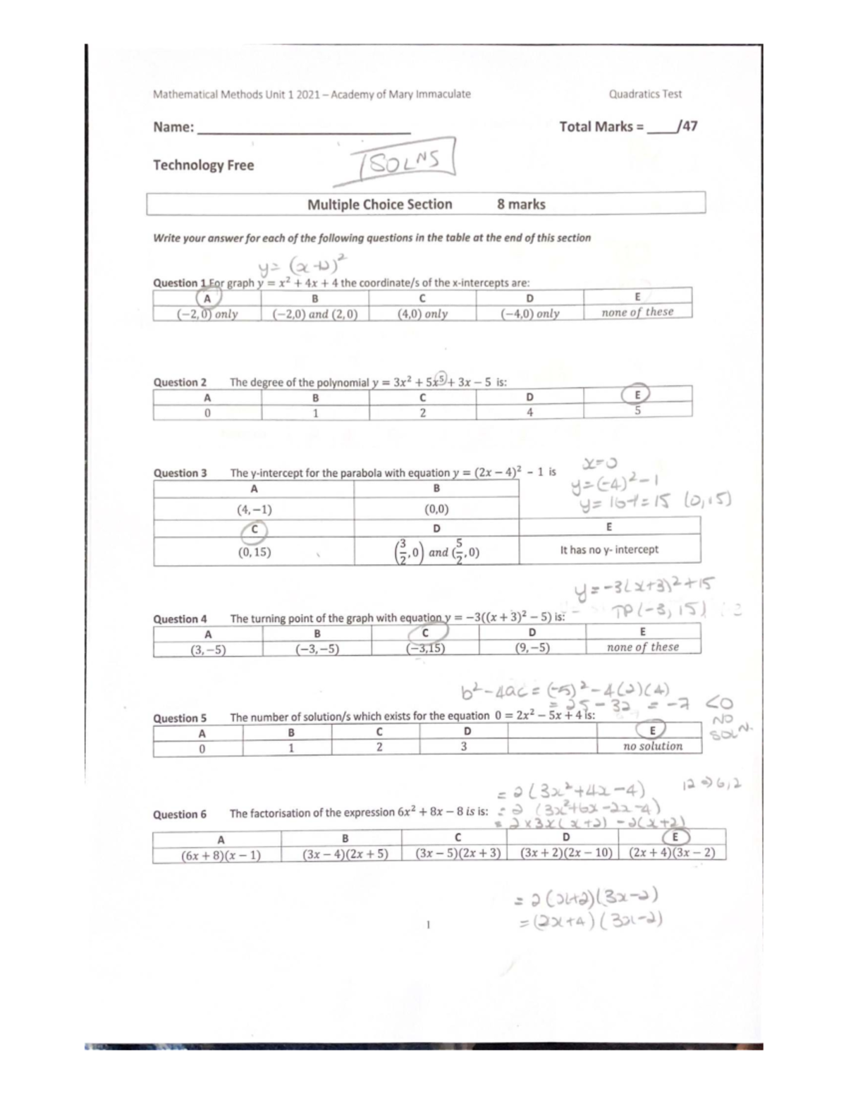 Mathematical Methods Unit 1 2021 Quadratics Test A - Answers - Studocu