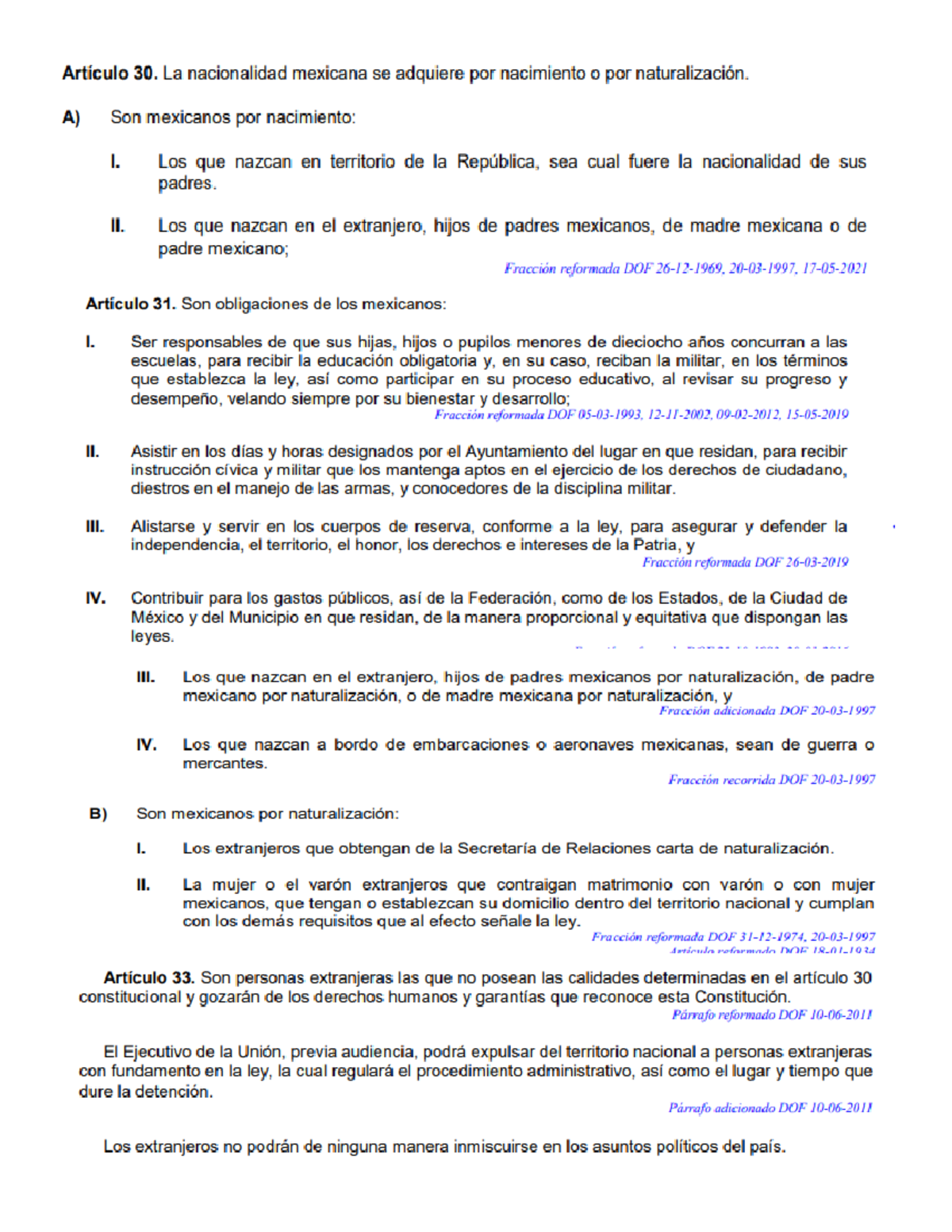 Artículos 30, 31, 33, 34 y 35 de la Constitución Mexicana - Studocu