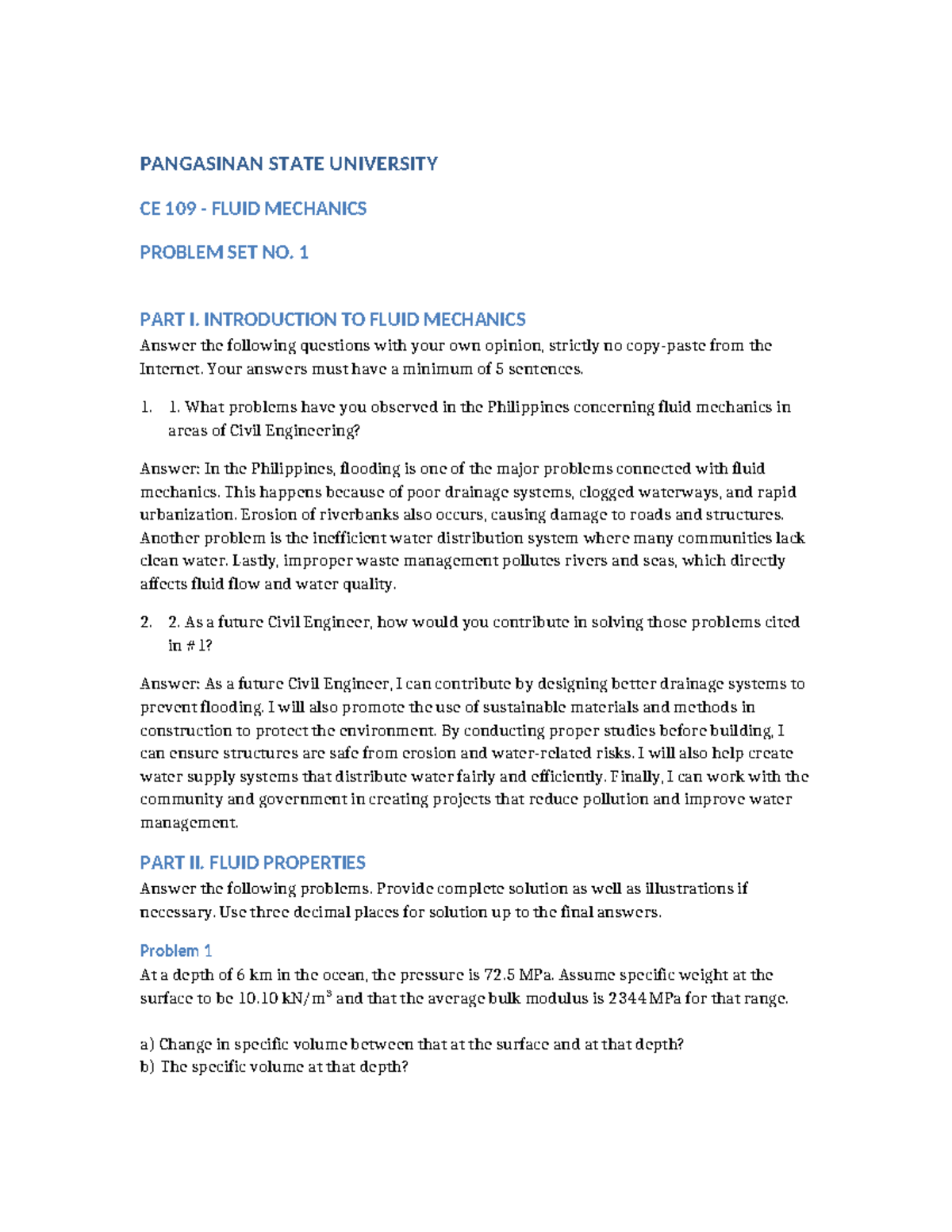 CE 109 Fluid Mechanics Problem Set 1: Complete Solutions & Illustrations - Studocu