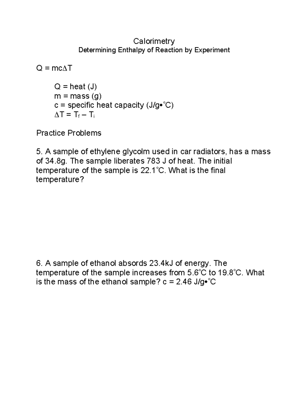 Calorimetry Practice Problems & Enthalpy of Reaction - CHE 1050 - Studocu