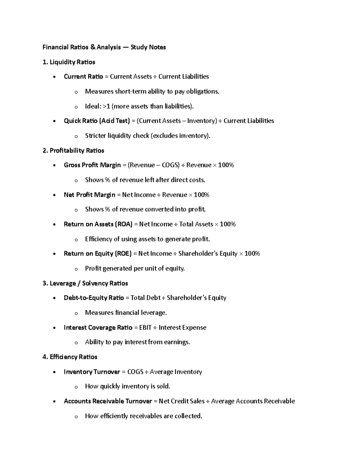 Financial Ratios Analysis Study Notes: Key Metrics Explained - Studocu