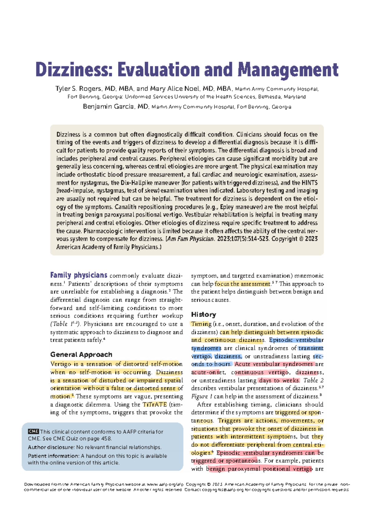Dizziness: Evaluation & Management - AAFP Family Medicine Guide - Studocu