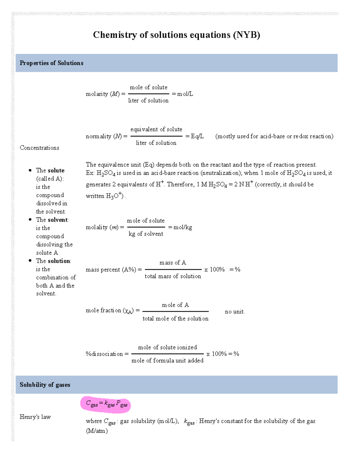 202-NYB Equations - Equation sheet - molarity (M) = mole of solute ...