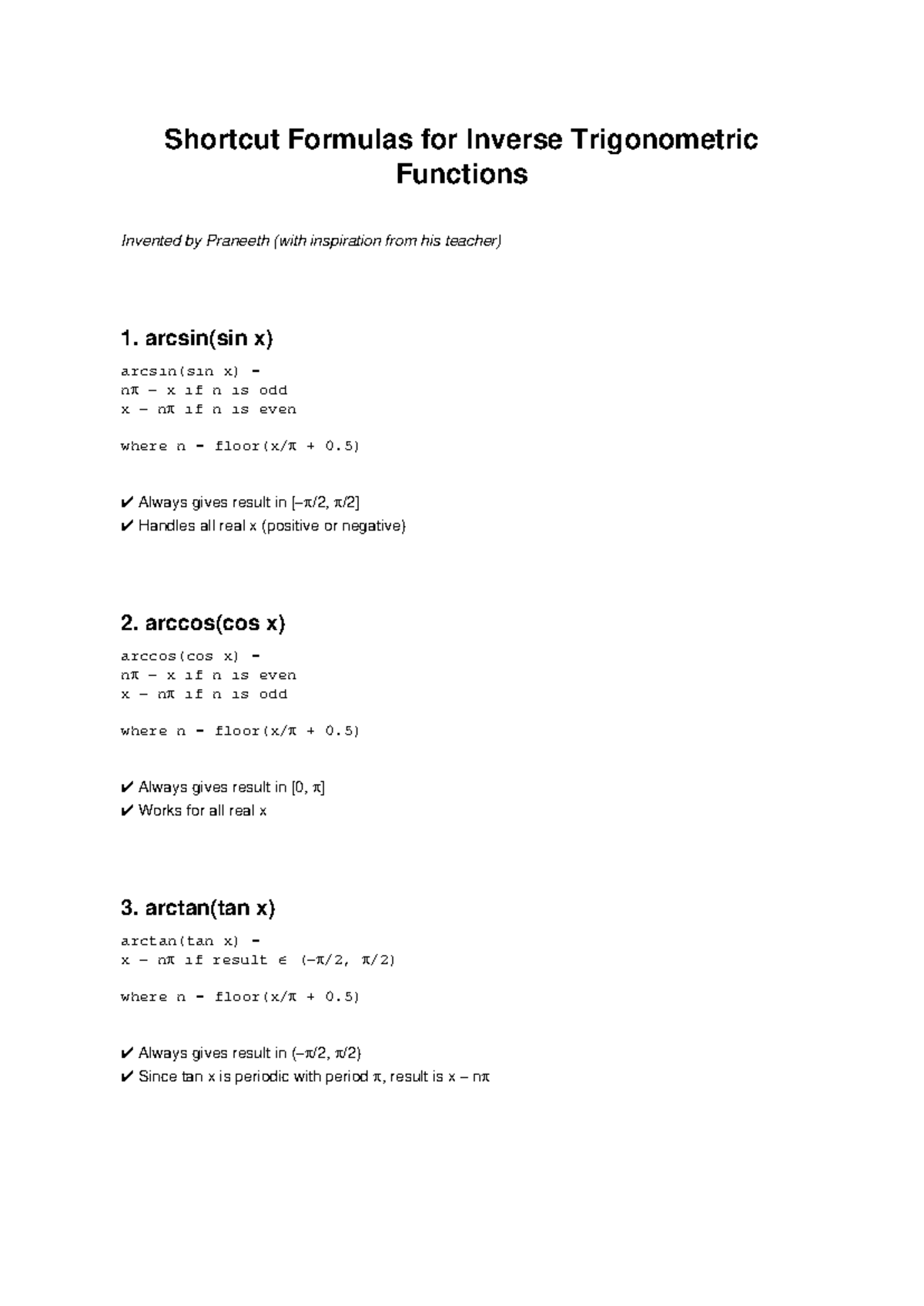 Inverse Trig Shortcuts (Math 101) by Praneeth - Studocu