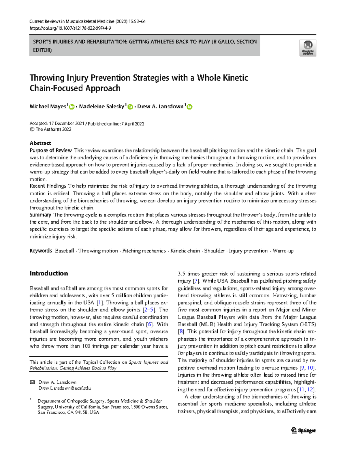 Throwing Injury Prevention Strategies: A Kinetic Chain Approach ...