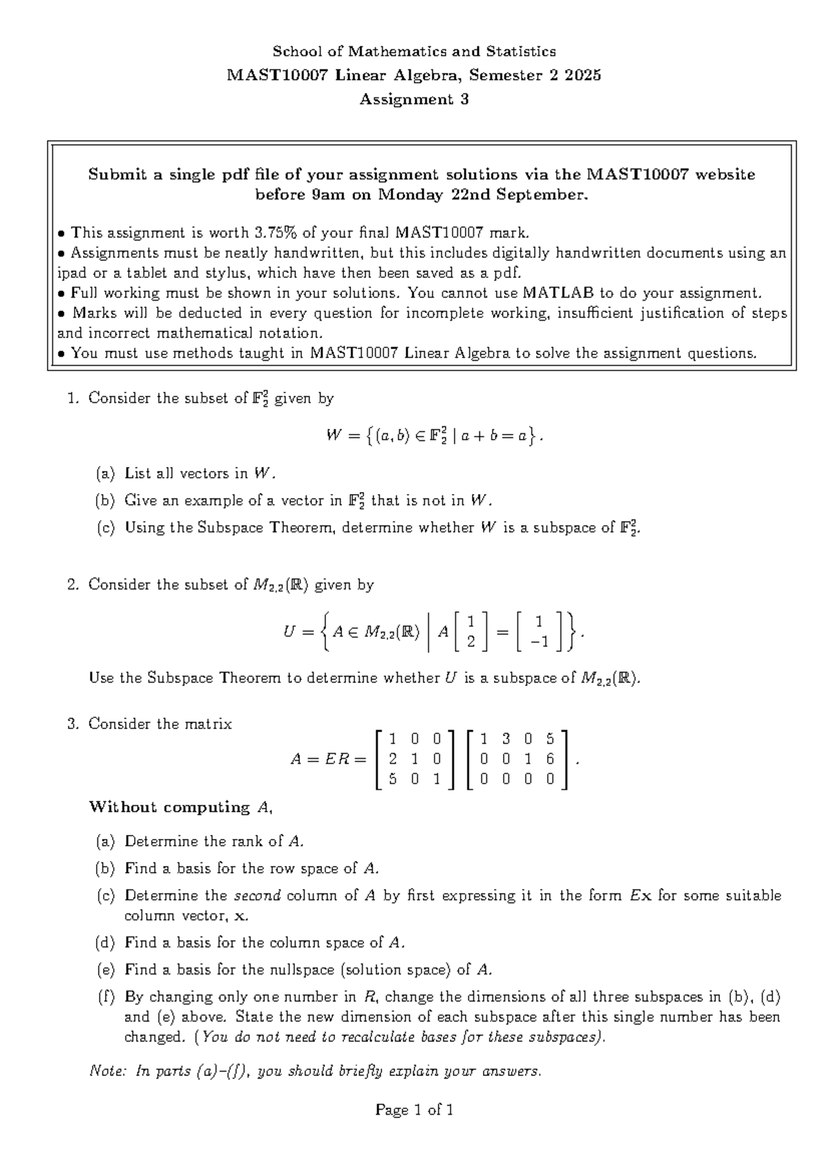 Linear Algebra Assignment 3 - S2 2025 Solutions Guide - Studocu