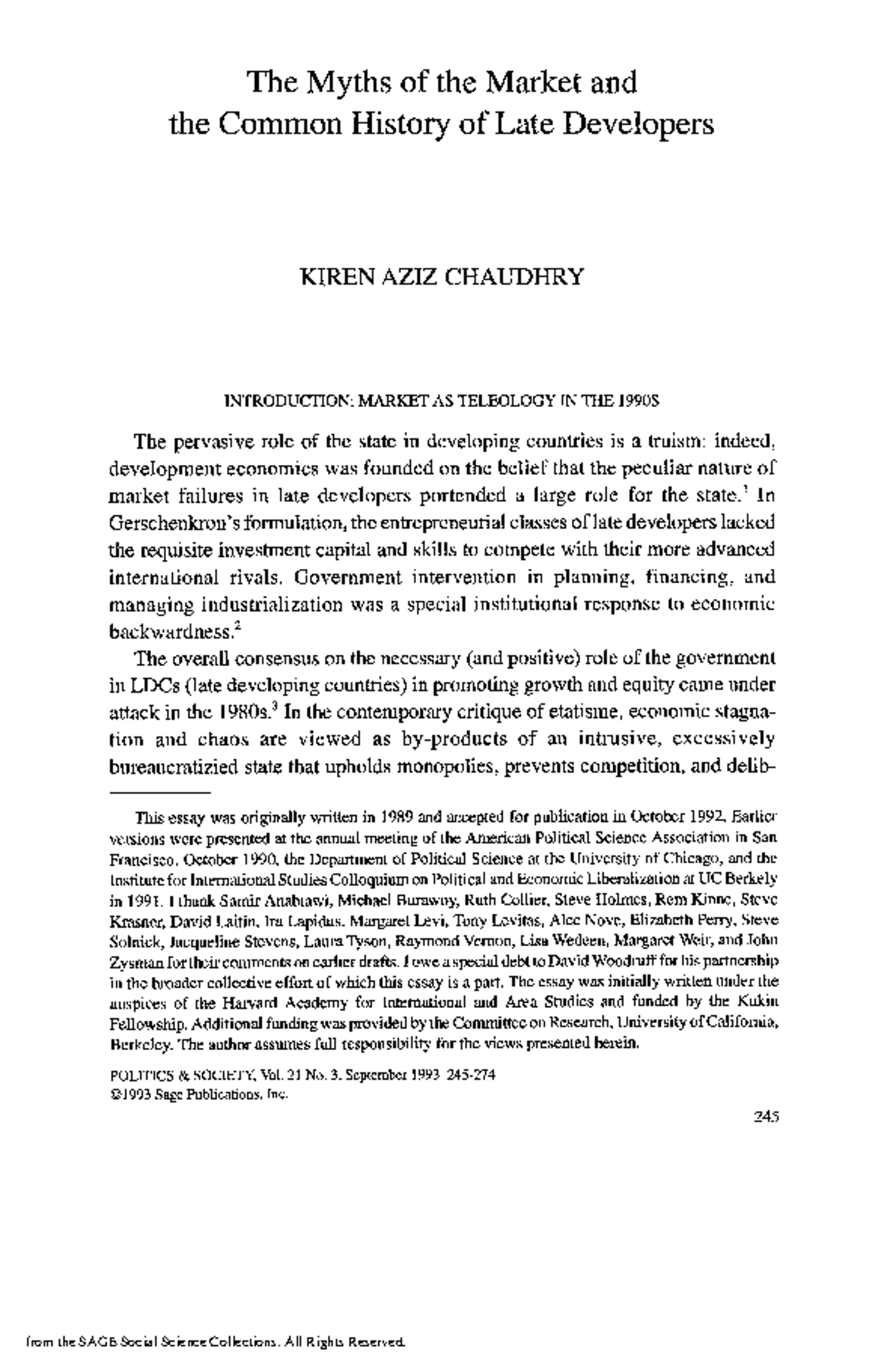 The Myths of the Market: A Common History of Late Developers - GOV 20 - from the SAGE Social ...