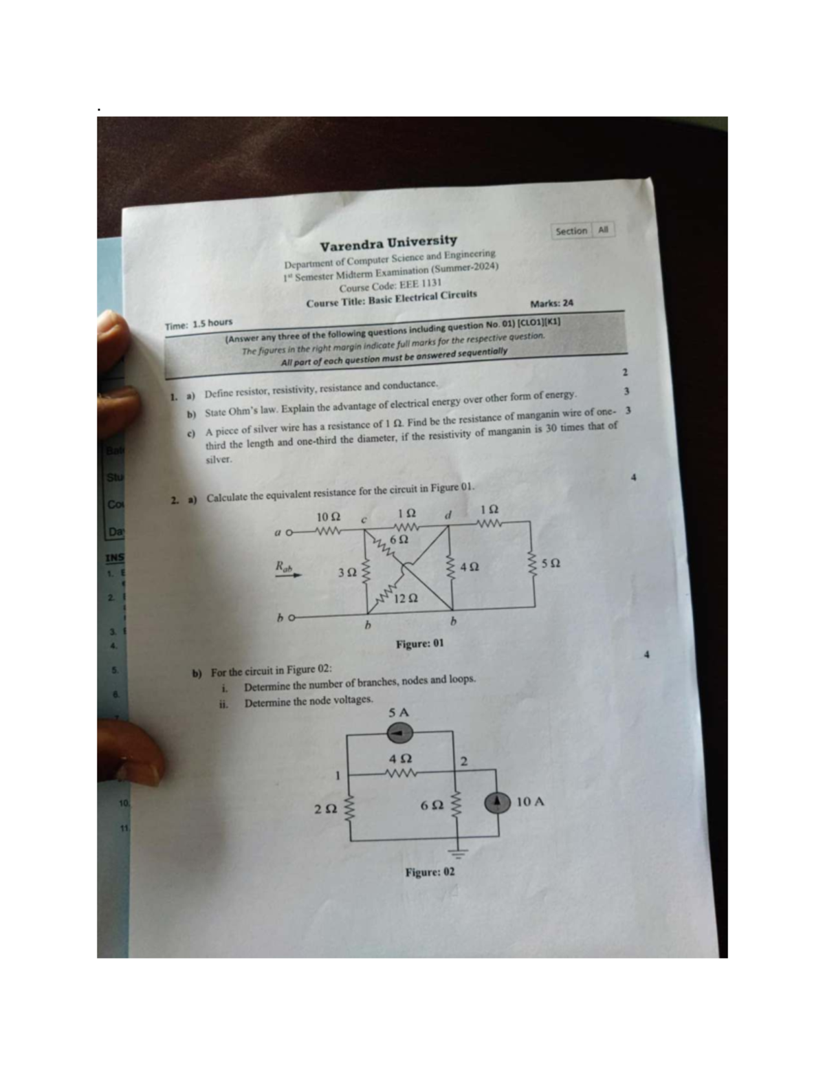 Basic Electrical Circuits Midterm Exam - Course Code: 1131 - Studocu
