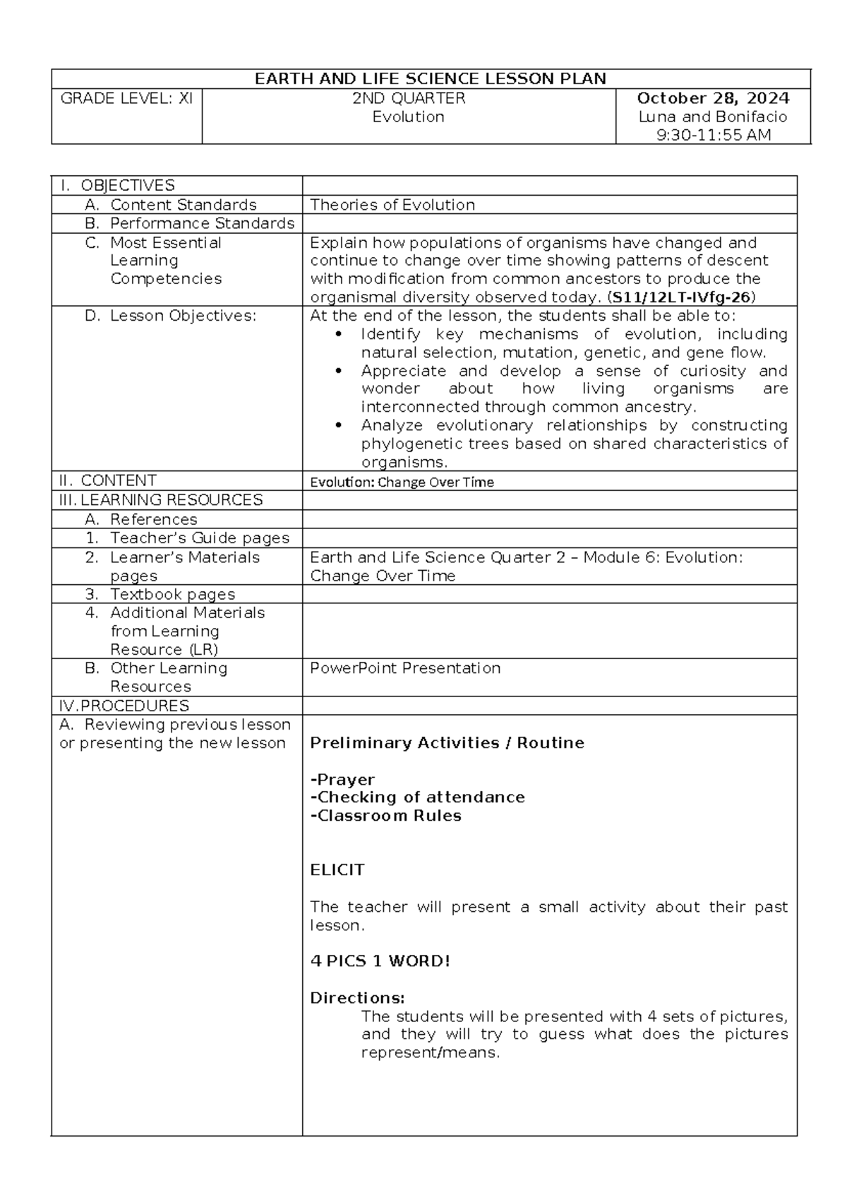 Science 11 - Evolution Lesson Plan for Grade XI (2nd Quarter) - Studocu