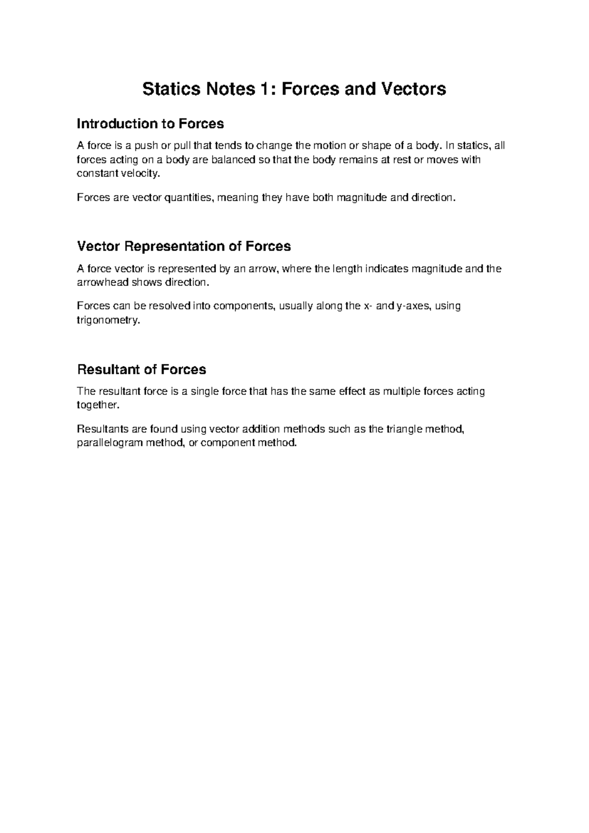 Statics Notes 1: Introduction to Forces and Vectors - Studocu