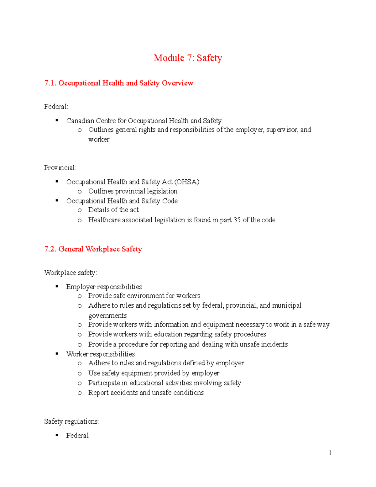 Module 7 Lecture Notes: Safety in Workplace & Healthcare Settings - Studocu
