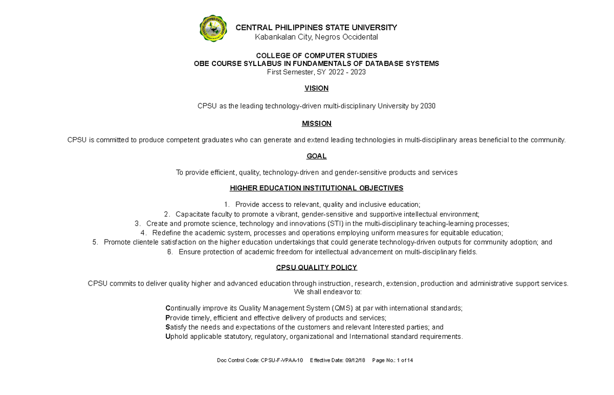 Fundamentals of Database System - Syllabus - COLLEGE OF COMPUTER STUDIES OBE COURSE SYLLABUS IN ...