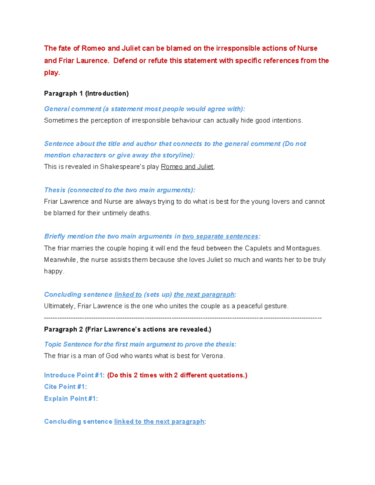 2024 Intro Paragraph Essay: Blame in Romeo and Juliet - Studocu