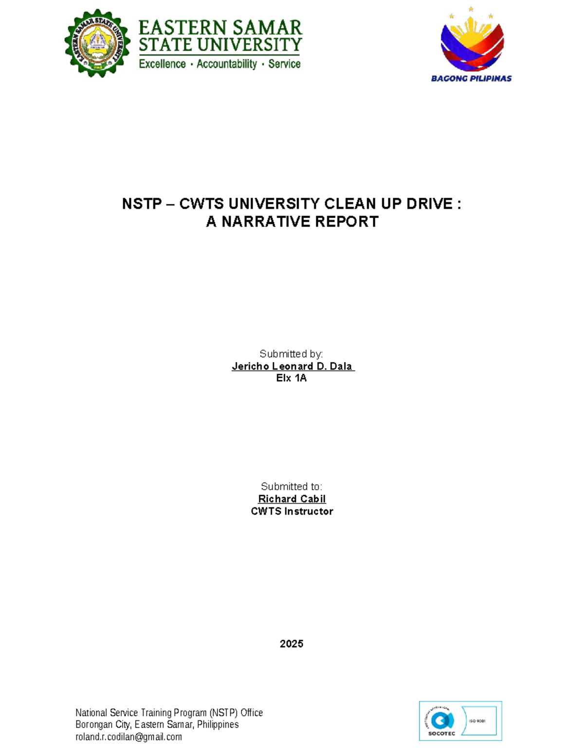 NSTP CWTS 2025: Narrative Report on Baybay Boulevard Clean Up Drive ...