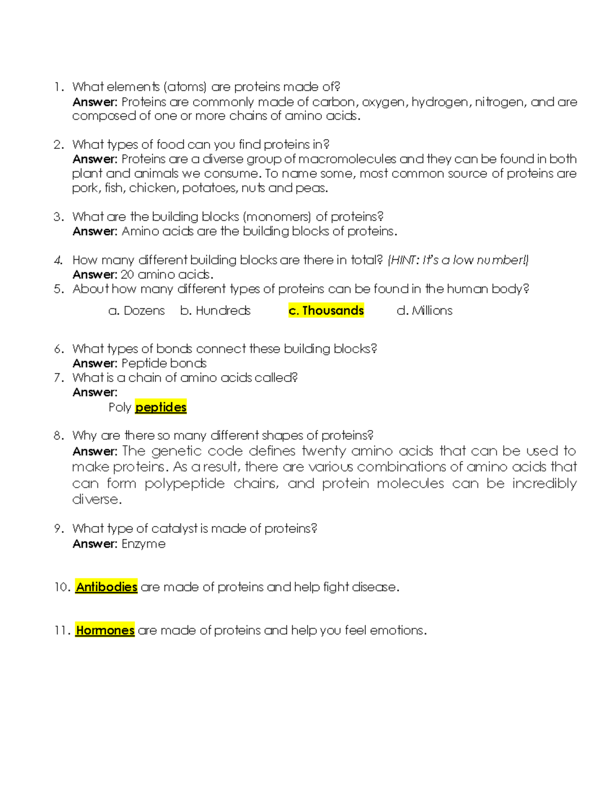 Protein Worksheet: Key Concepts and Questions on Proteins - Studocu