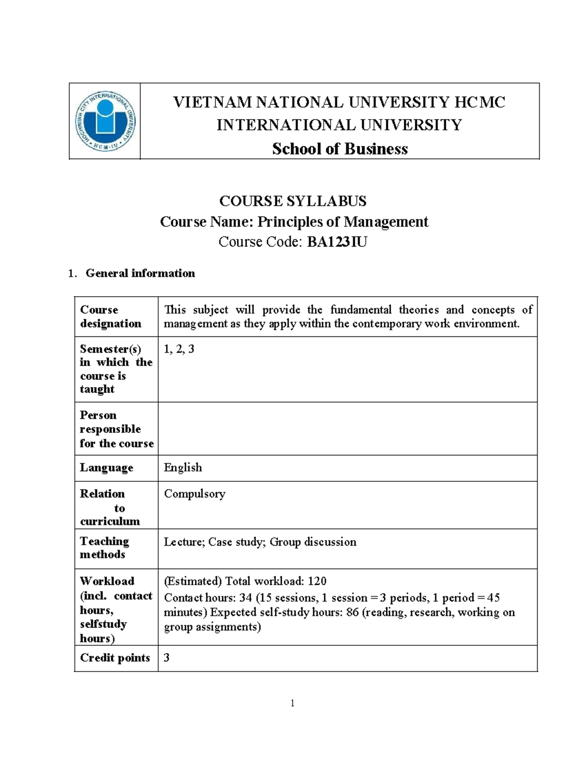 BA123IU - Principles of Management Course Syllabus and Overview - Studocu