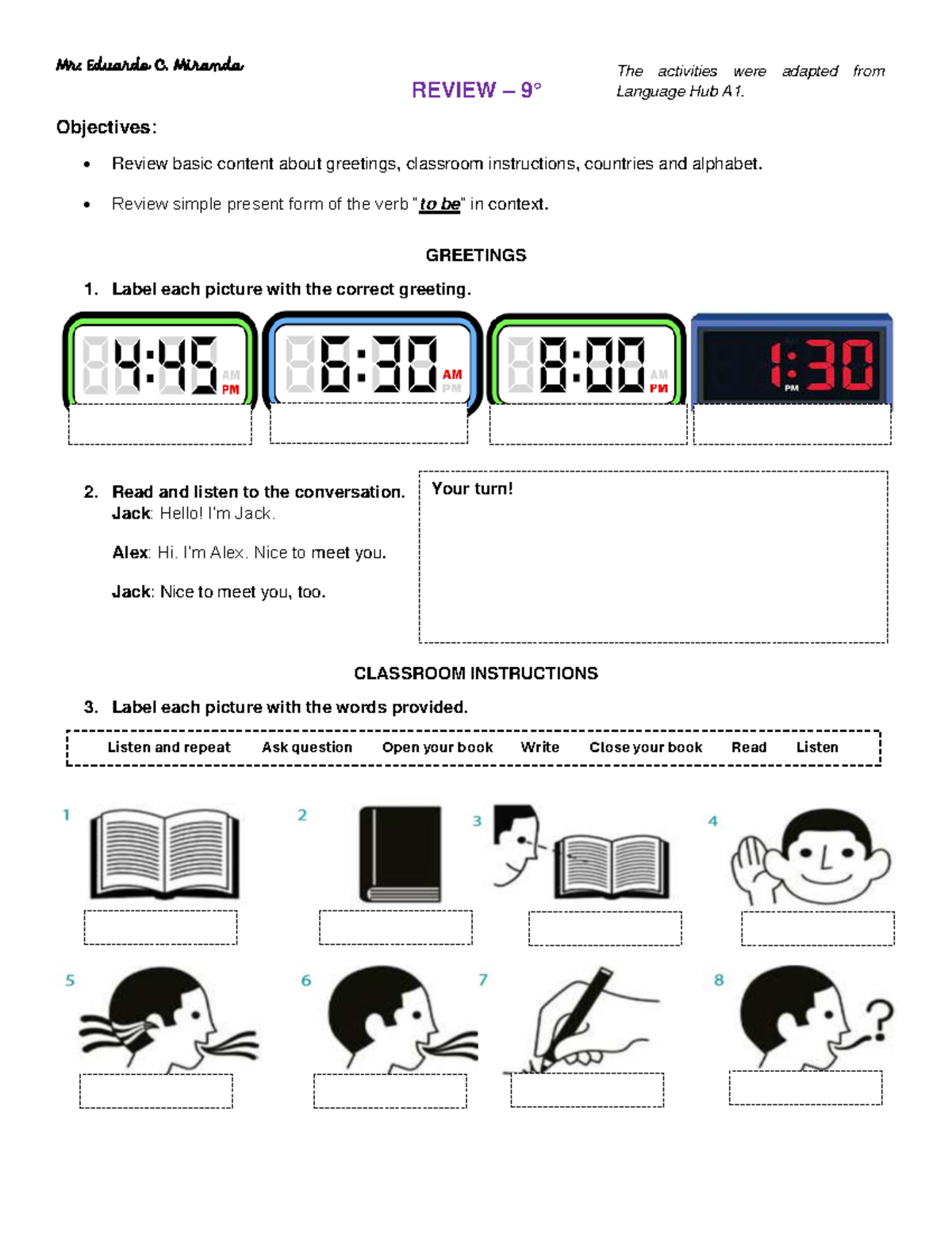 Review of Basic Greetings and Classroom Instructions - Language Hub A1 ...