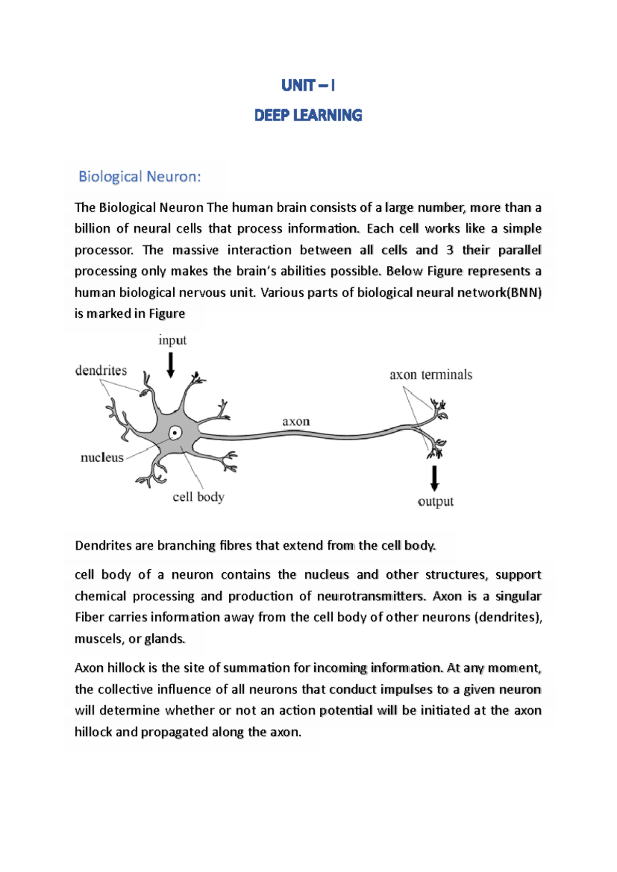 Unit 1: Deep Learning - Biological Neurons and Perceptrons - Studocu