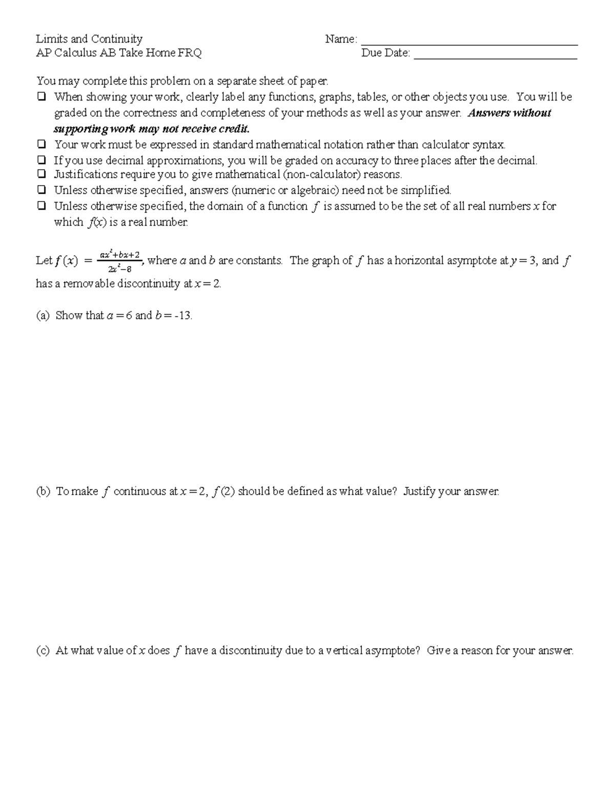 AP Calculus AB Take Home FRQ: Limits and Continuity Analysis - Studocu