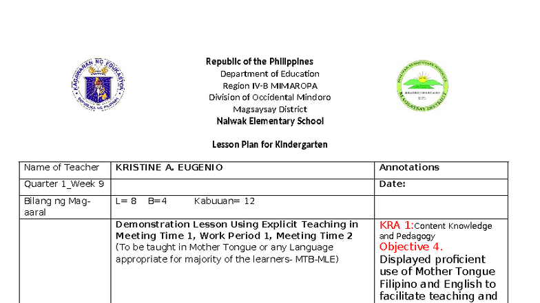 Lesson Plan for Kindergarten: I Can Take Care of My Body (Q1) - Studocu