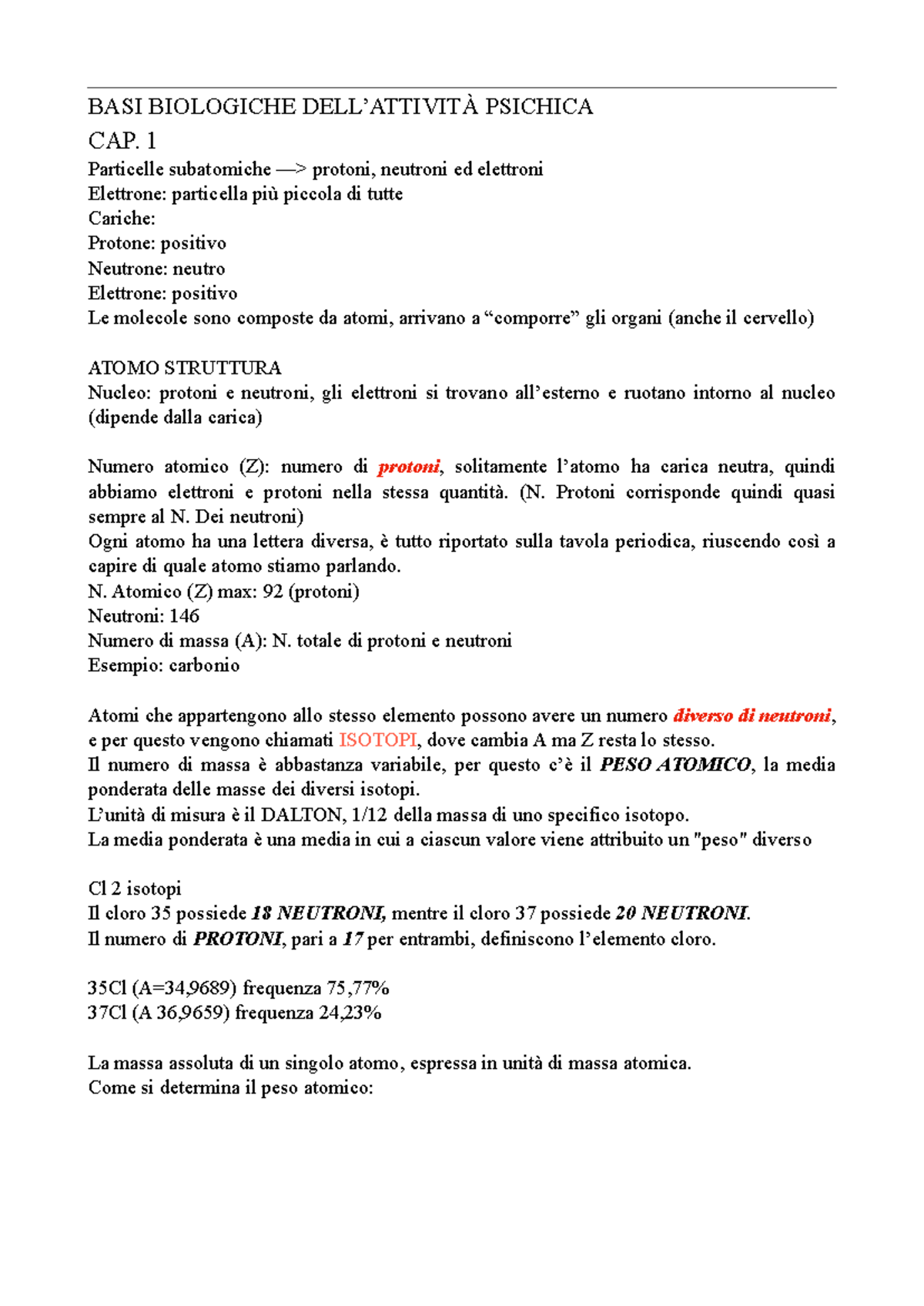 BASI BIOLOGICHE PSICHICHE - CAP. 1: Particelle e Struttura Atomica ...
