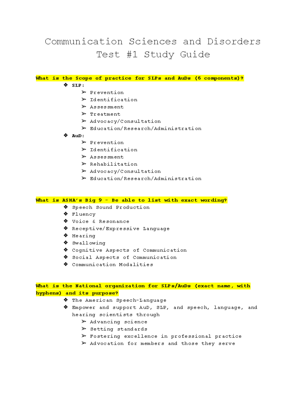 Communication Sciences and Disorders Test #1 Study Guide: Key Concepts ...